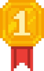 Pixel Art Golden Medal With Number One. Icon For 8bit Game On White ...